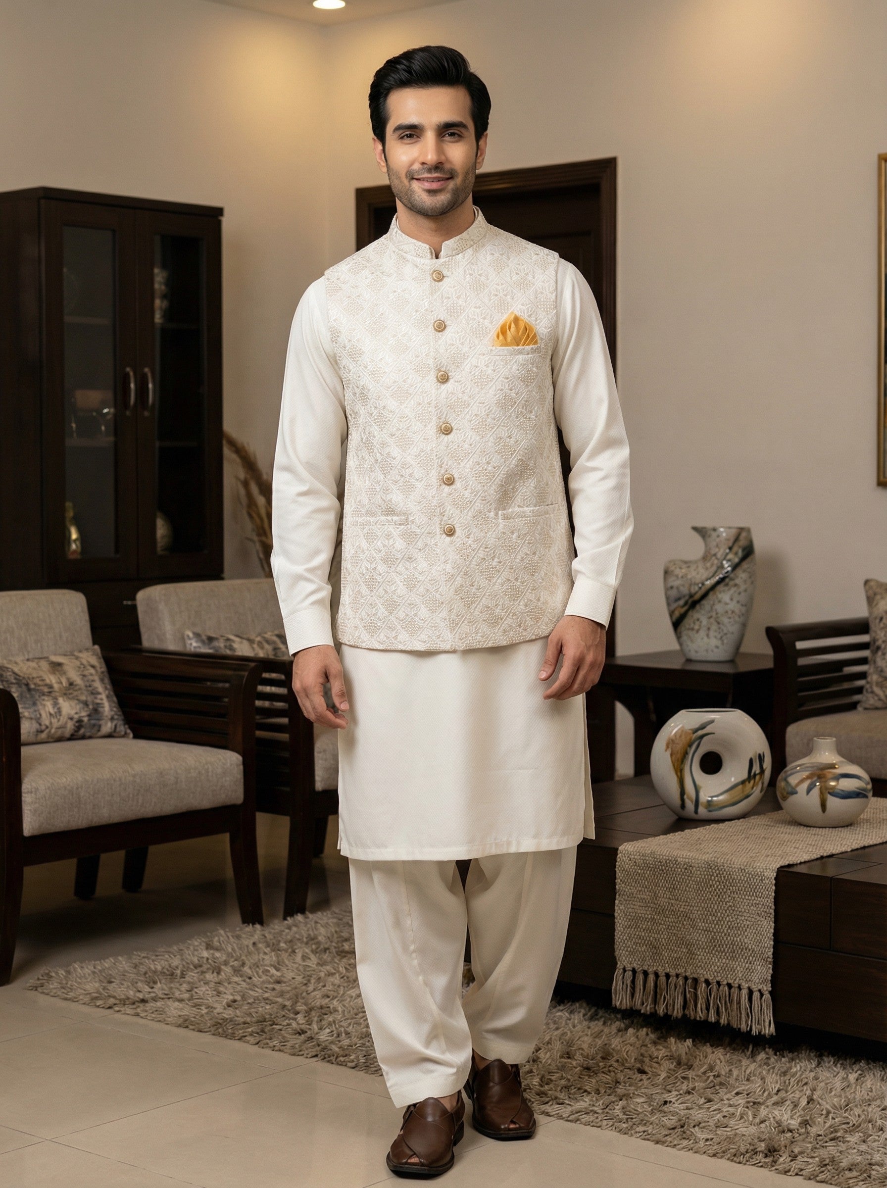 Men Stylish Off White Waistcoat – My Store